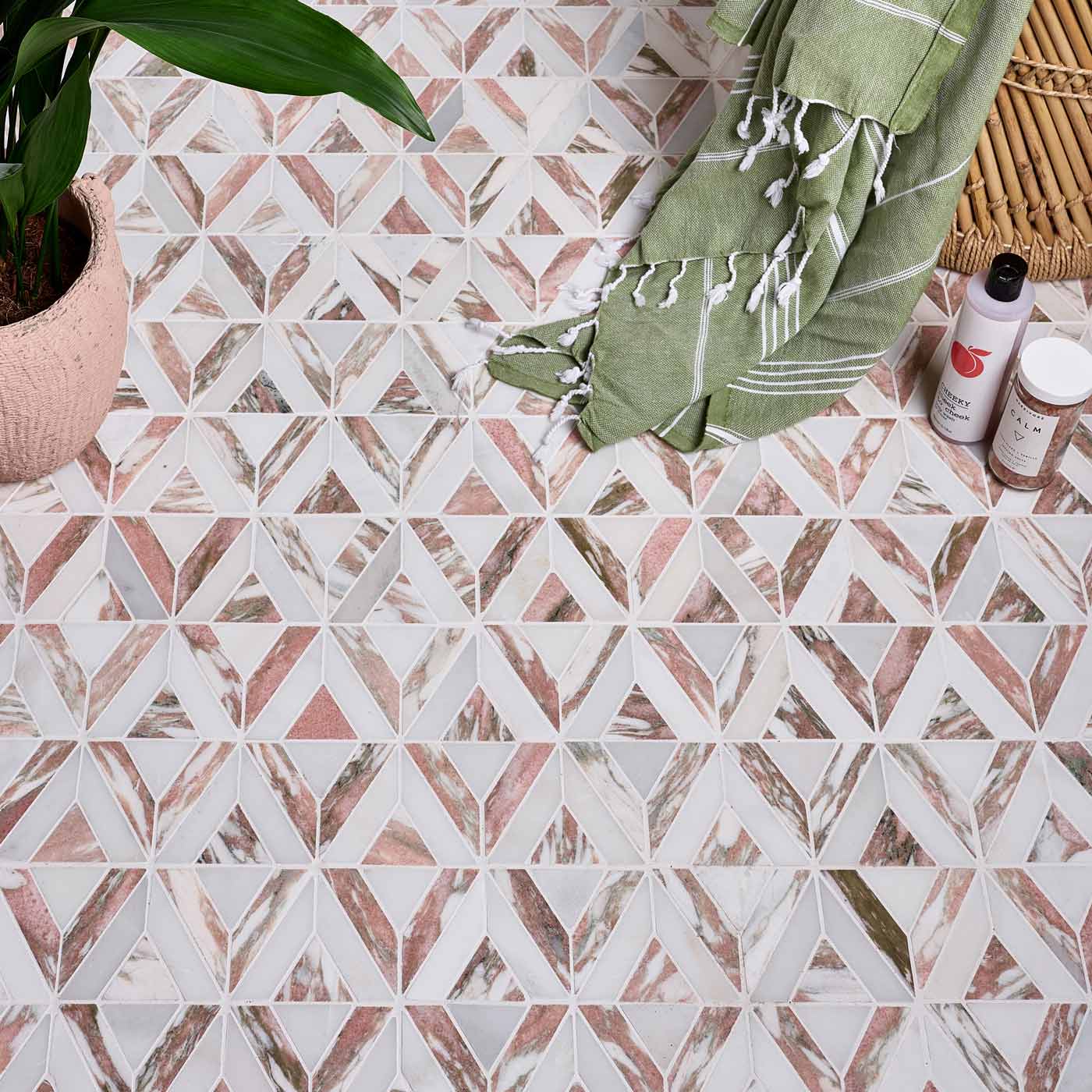 East Java Flamingo Temple Honed Marble Mosaic | 30.3x35cm — Tile.co.uk