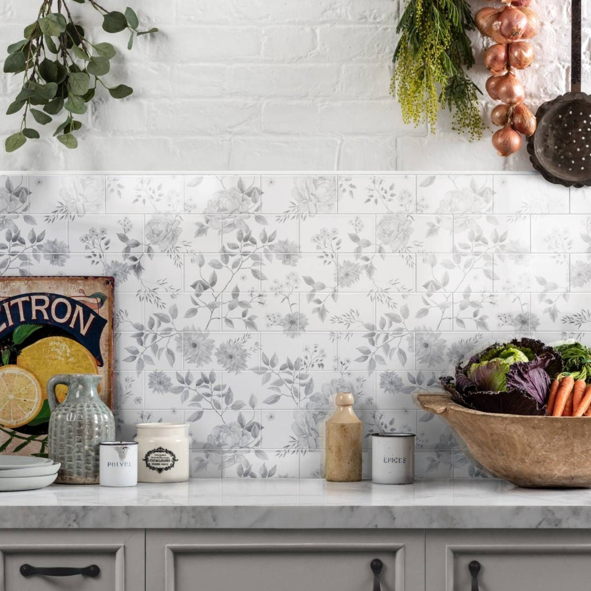 Cottage Garden Grey 18-Tile Panel wall tile | 45.6x45.6cm — Tile.co.uk