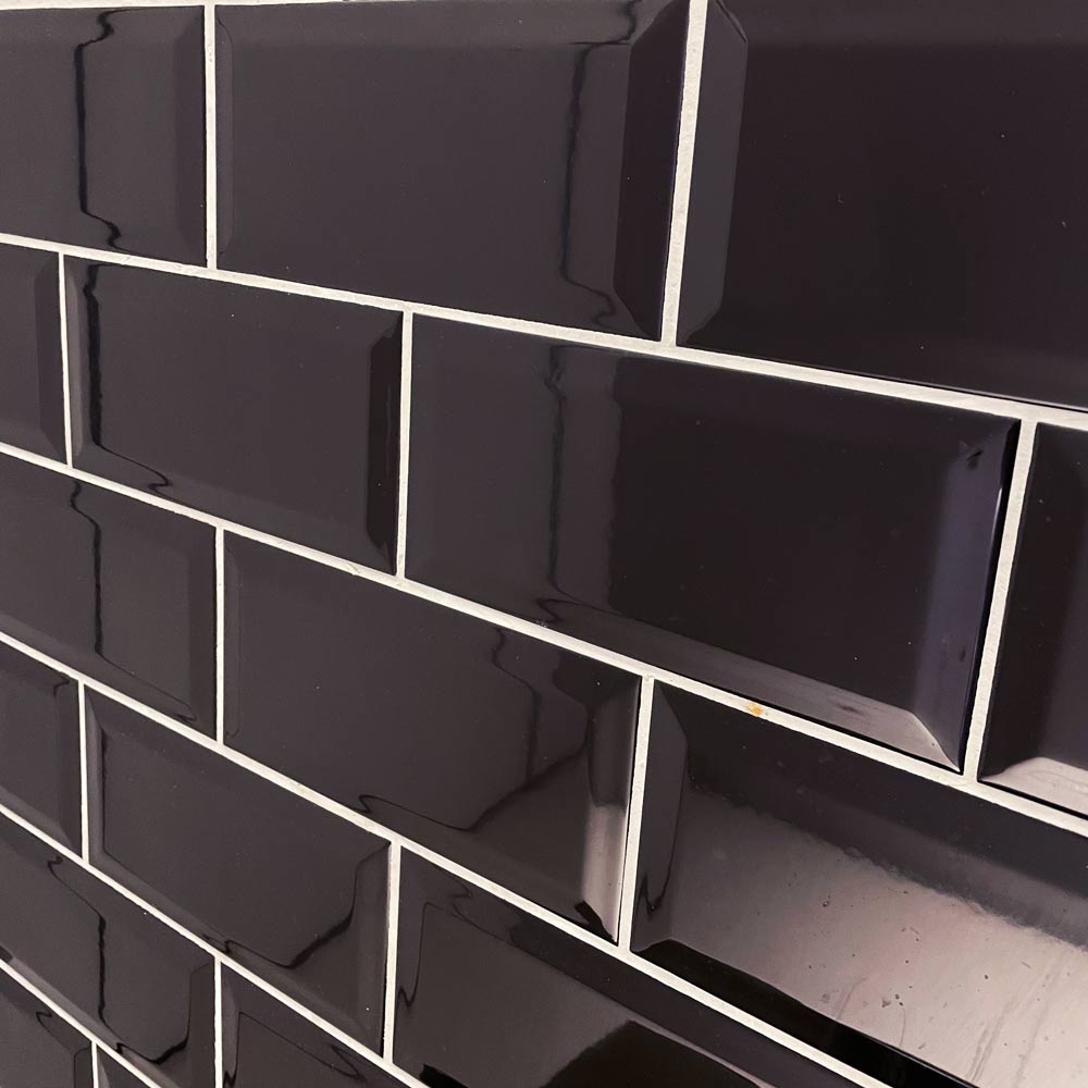 Metro Black Gloss Bevelled Brick wall tile 10x20cm — Tile.co.uk