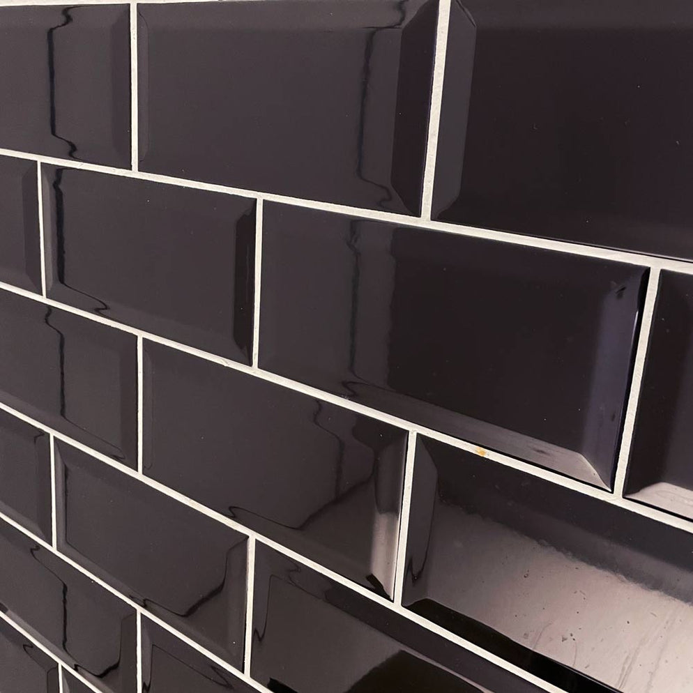 Metro Black Gloss Bevelled Brick wall tile 10x20cm — Tile.co.uk