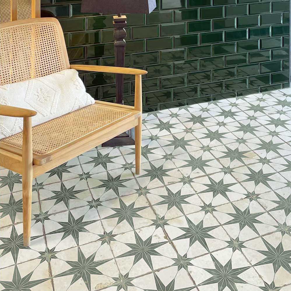 Sage Green Star Patterned Floor Tiles | Tile.co.uk