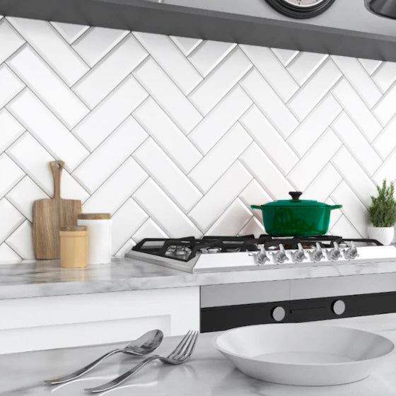 Long Metro White Gloss Bevelled Tile | 10x30cm | Tile.co.uk