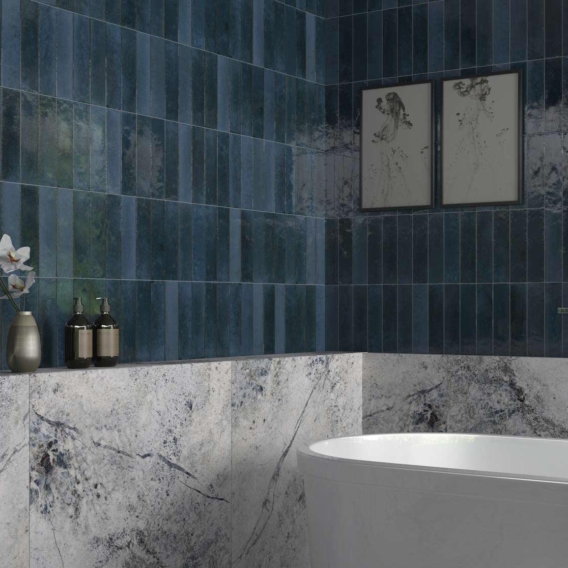 Agadir Lago Blue Gloss Wall Tile | 7x28cm | Tile.co.uk