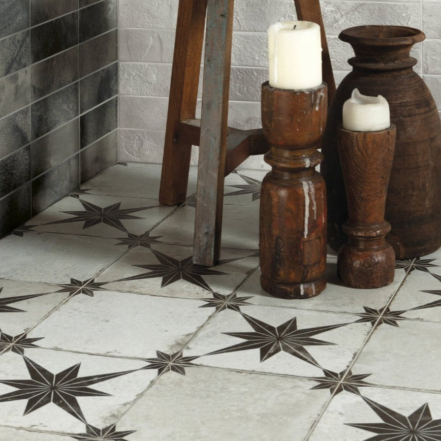 Star Ara Black Pattern Floor Tile | 45x45cm | Tile.co.uk