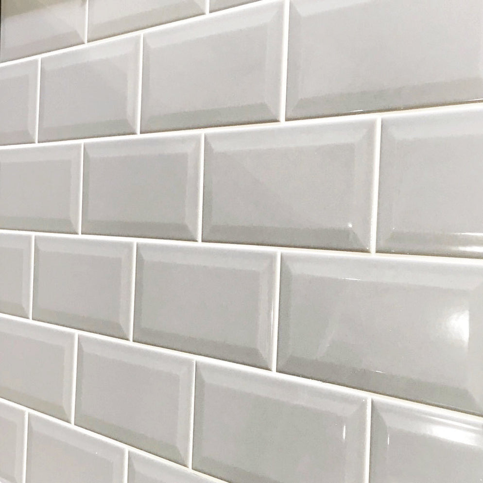 Metro Light Grey Gloss Bevelled Brick wall tile 10x20cm — Tile.co.uk