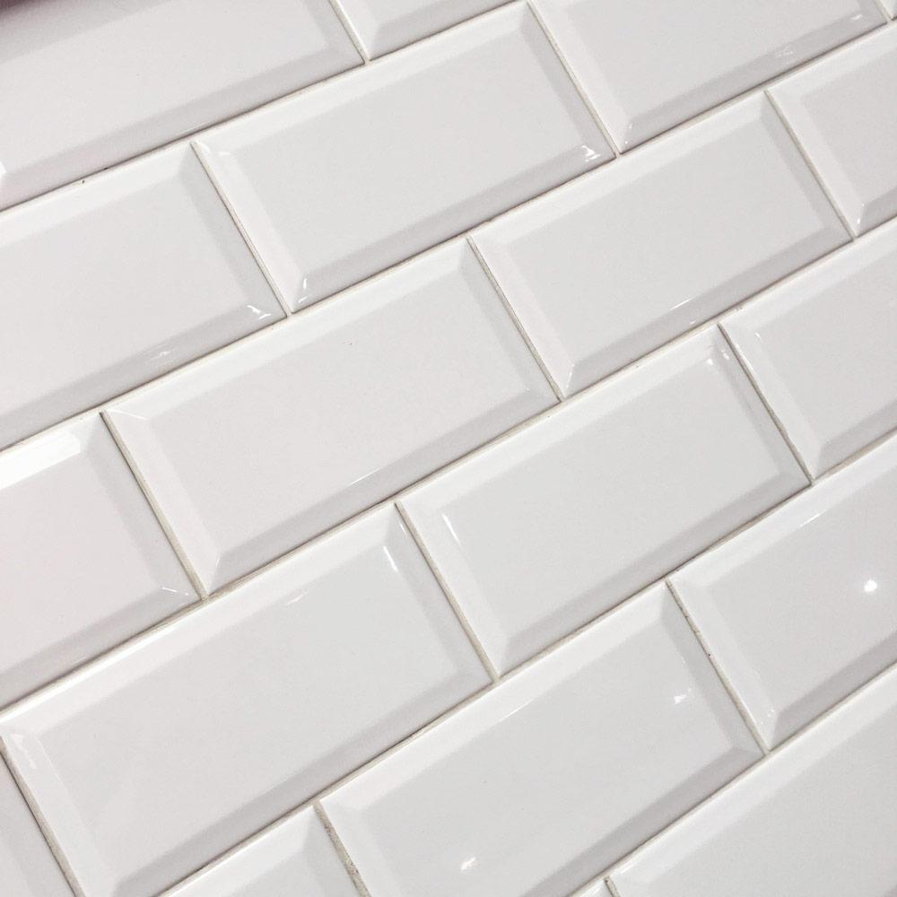 Metro White Gloss Bevelled Brick wall tile 10x20cm — Tile.co.uk